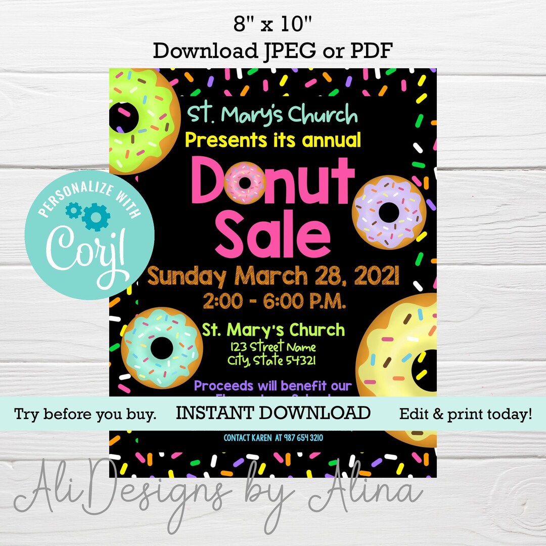 Donut Sale Flyer Template, Editable Event Printable (digital Download ...