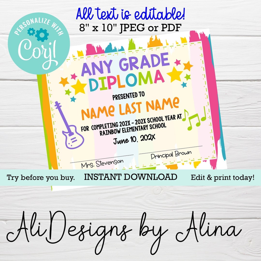 Colorful Diploma EDITABLE Template, Printable Award, Certificate of ...
