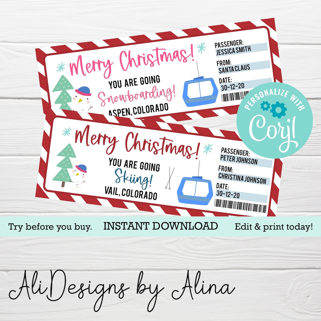 Ski Trip Certificate, Christmas Gift, Printable Voucher, Snowboarding ...