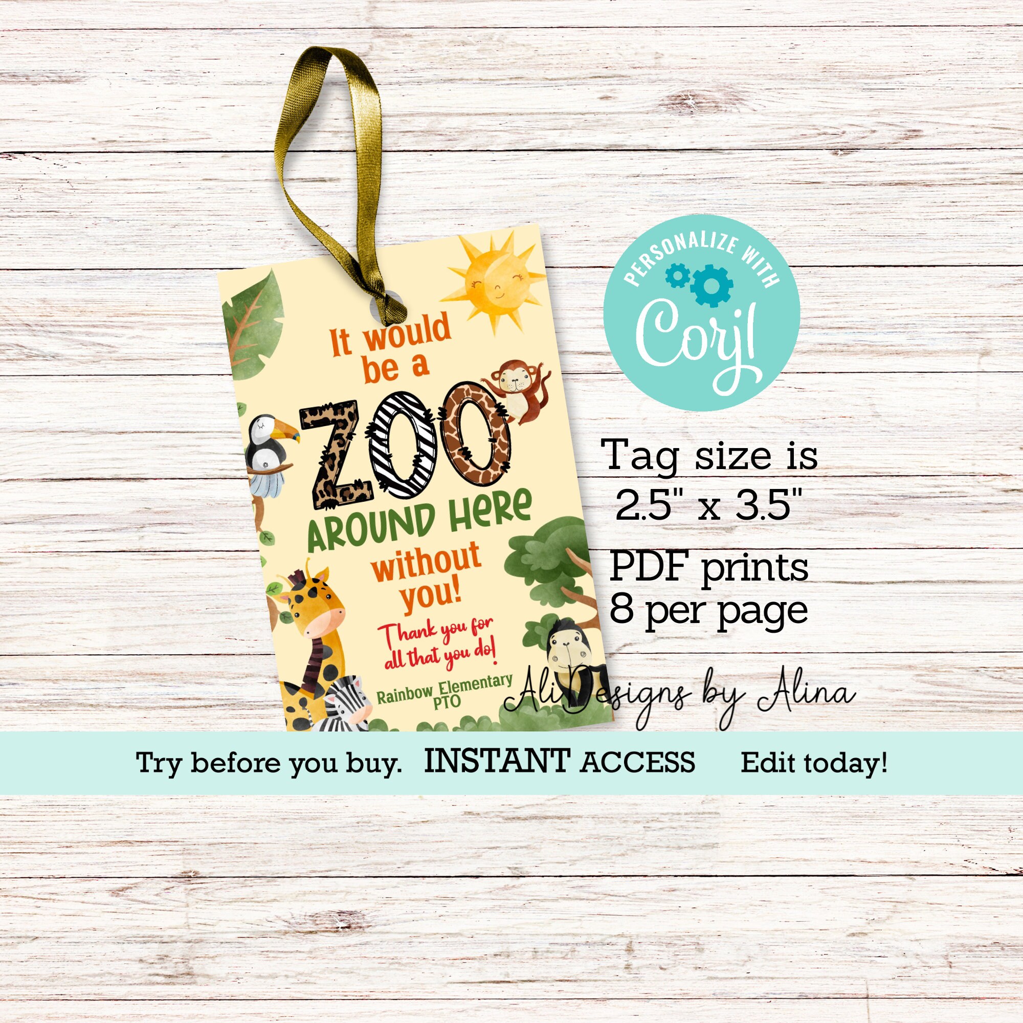 Zoo EDITABLE Appreciation Tag, Safari Inspired, Tags for Animal ...