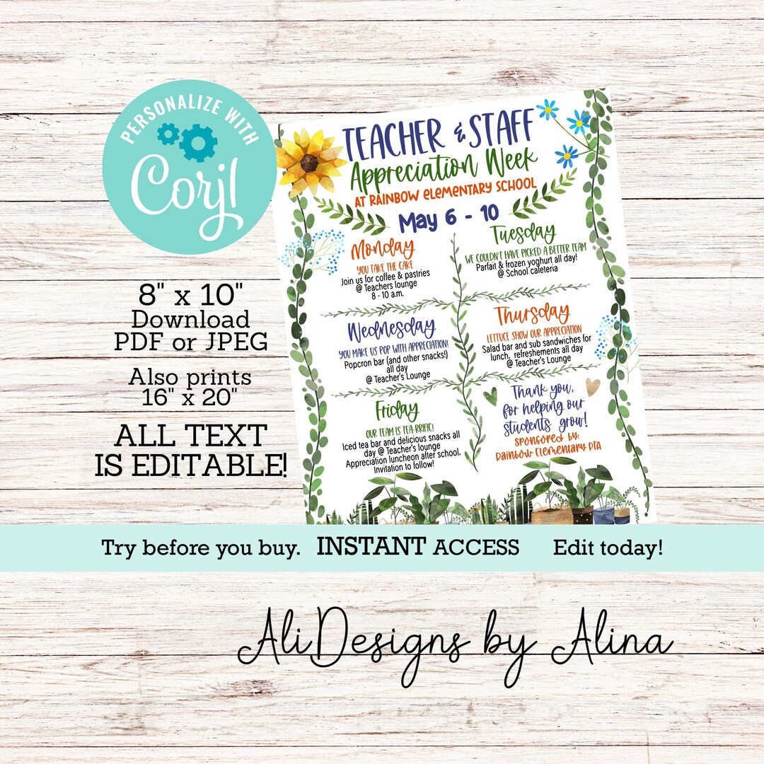 EDITABLE Teacher Appreciation Week Itinerary Seed Plants Grow Bloom ...
