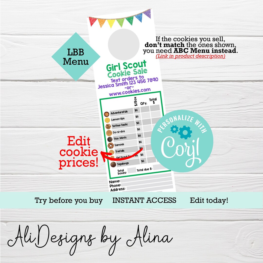 Girl Scout Cookie Sale Door Hanger 2024 LBB Menu EDITABLE - Etsy