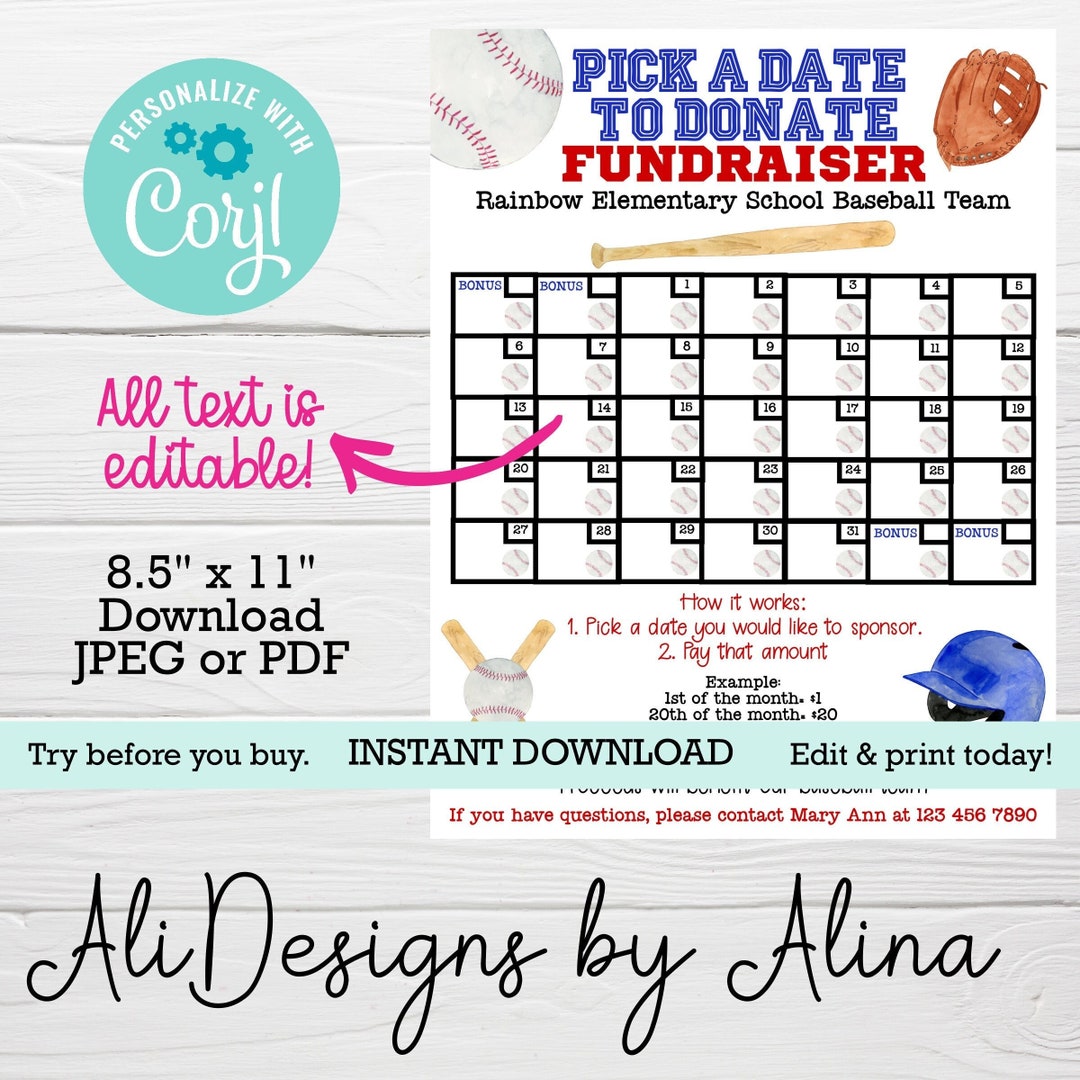 Pick a Date to Donate Flyer, Baseball Fundraiser, Editable Calendar ...