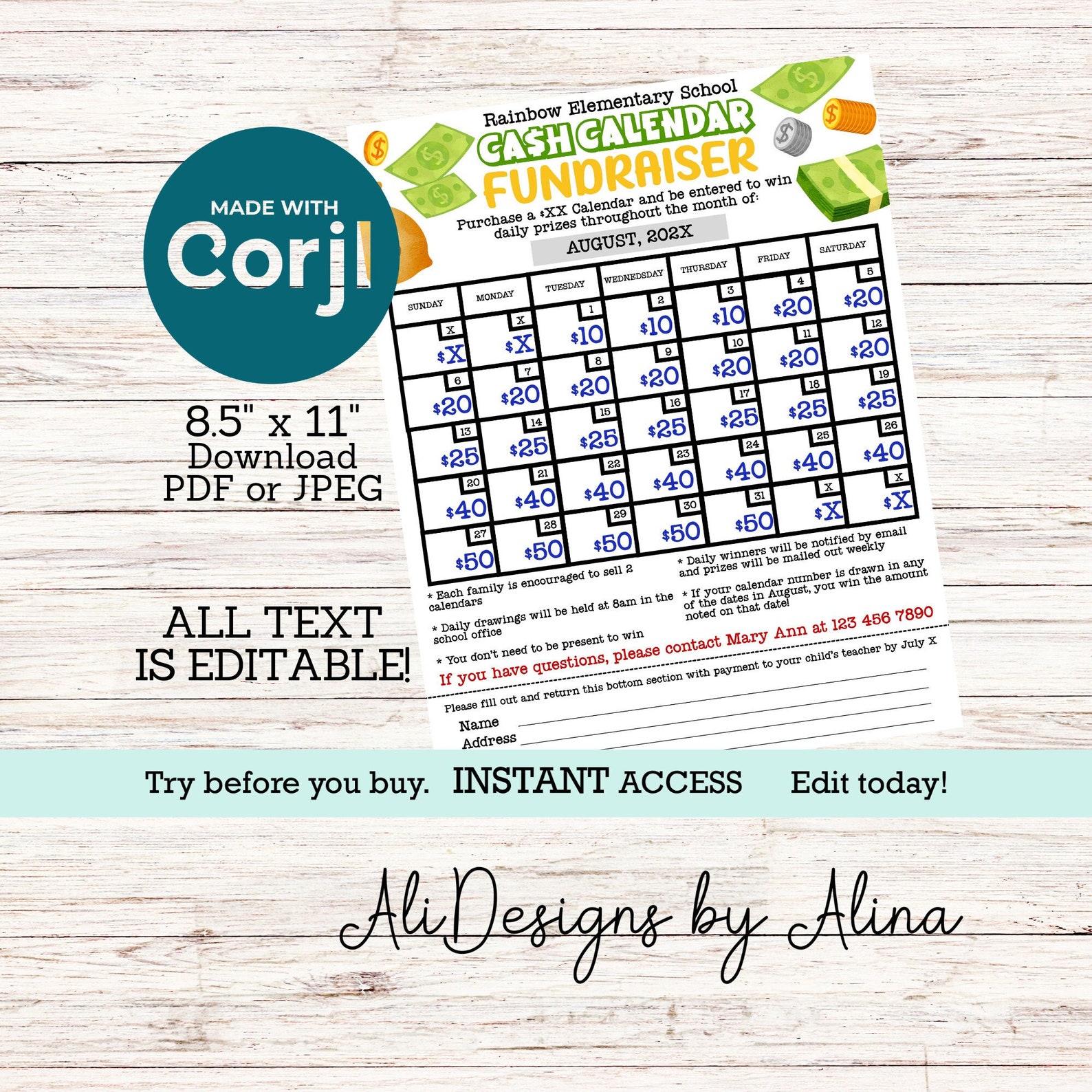 Cash Calendar Fundraiser Flyer, Pick a Date to Donate EDITABLE Take ...