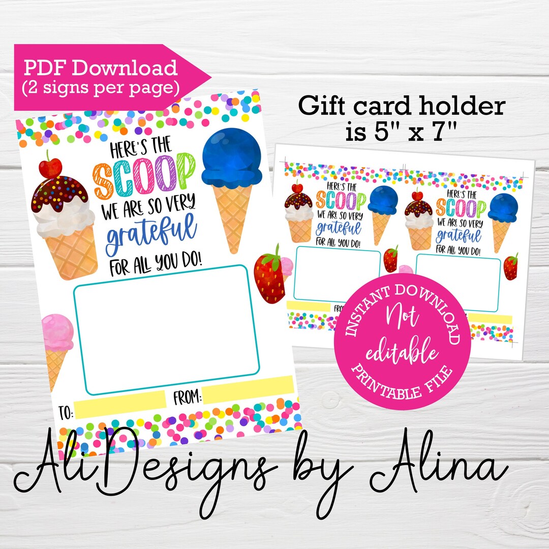 Here's the Scoop, PRINTABLE Gift Card Holder, Instant Download, Teacher ...