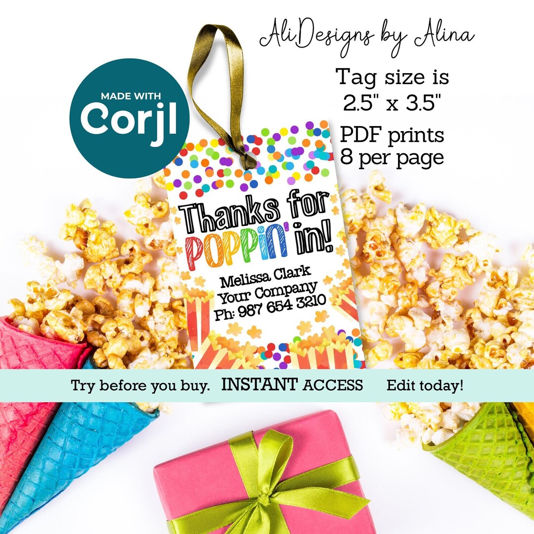 Thanks for Poppin in EDITABLE Tag, Tags for Popcorn, Open House Favors ...
