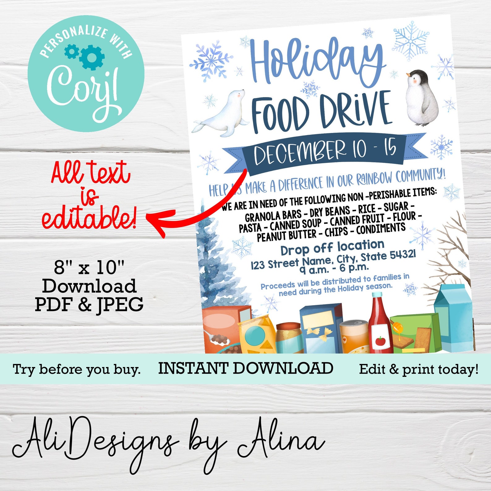 Holiday Food Drive EDITABLE Flyer, Charity Event Invitation, Food Bank ...
