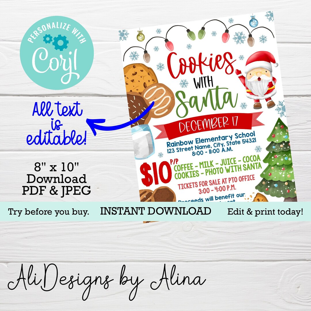 Cookies With Santa EDITABLE Flyer, PTA PTO Fundraiser Ideas, Charity ...