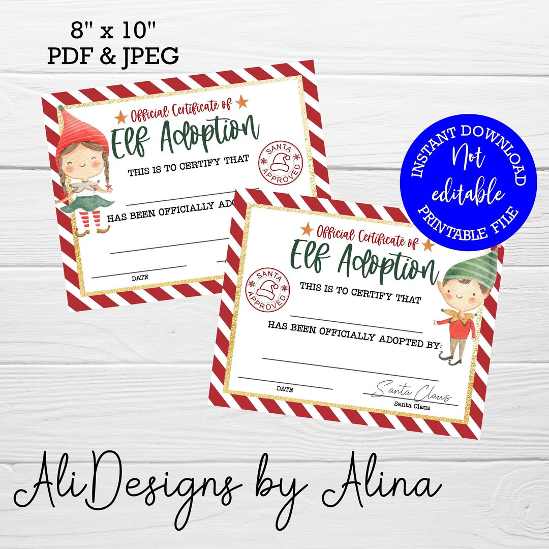 PRINTABLE Elf Certificate of Adoption, Boy Elf, Girl Elf, Santa's ...