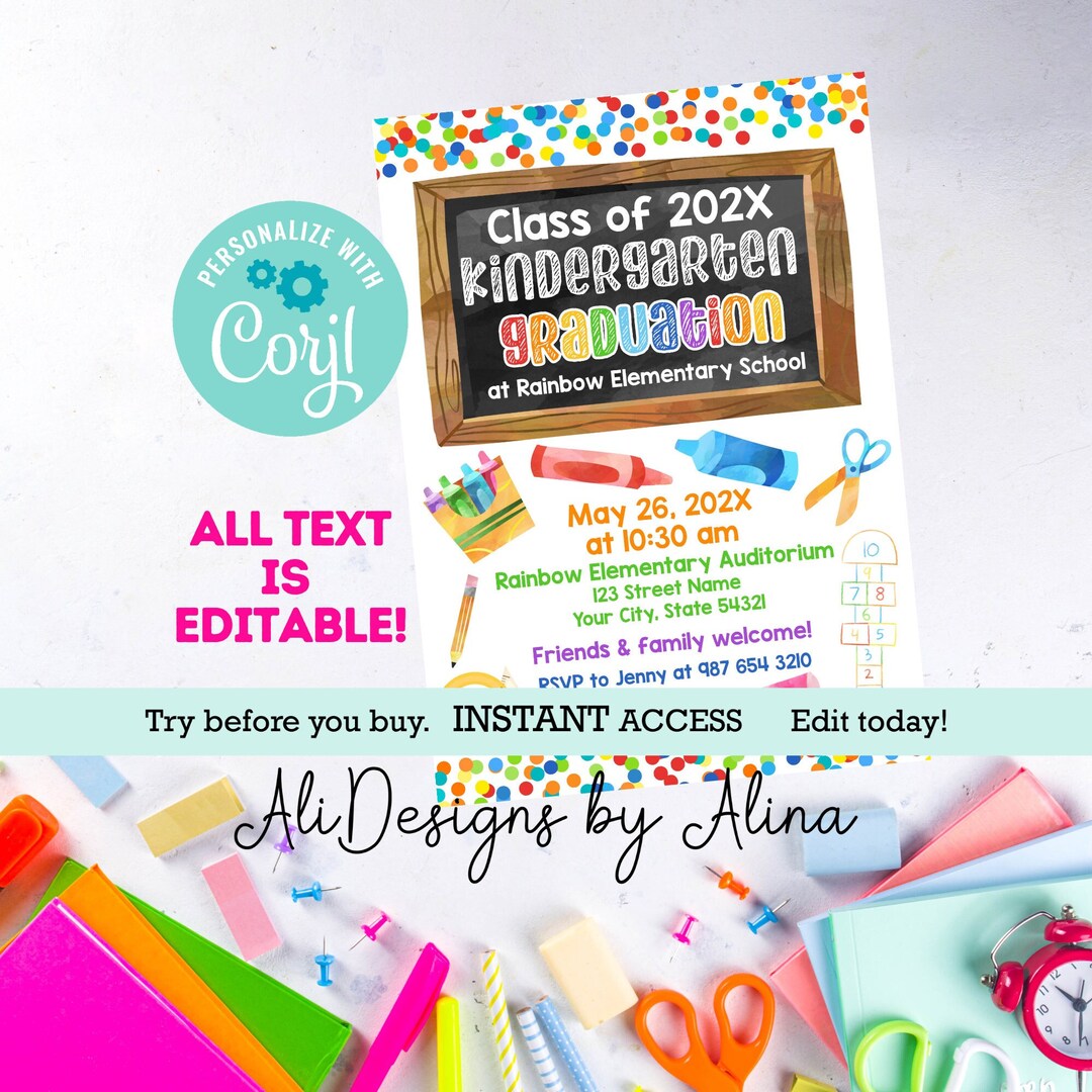 Colorful Kids Graduation Invitation, Digital Invite, Kindergarten Grad ...