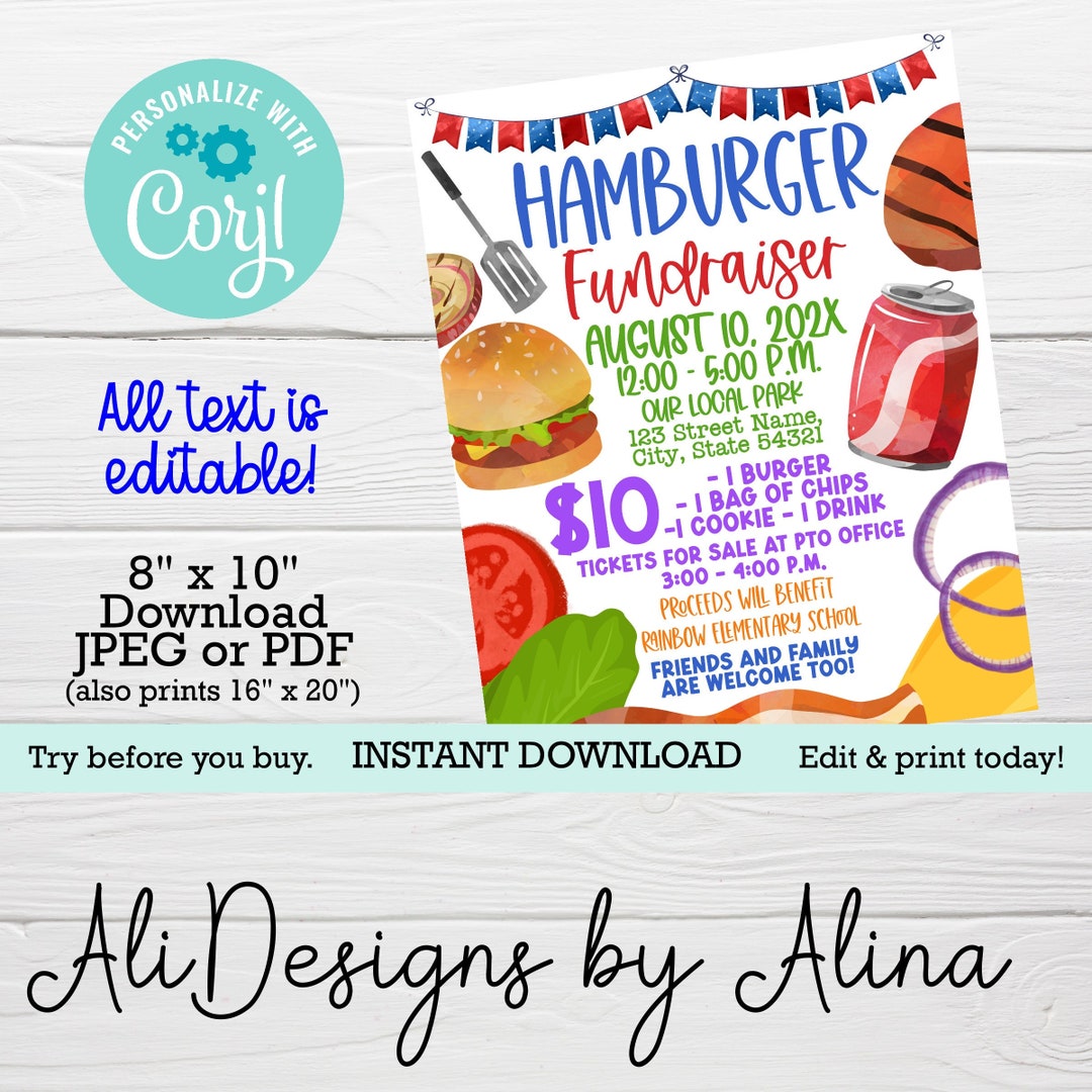 Hamburger Fundraiser Flyer, Cookout Poster, Editable Template, PTA PTO ...