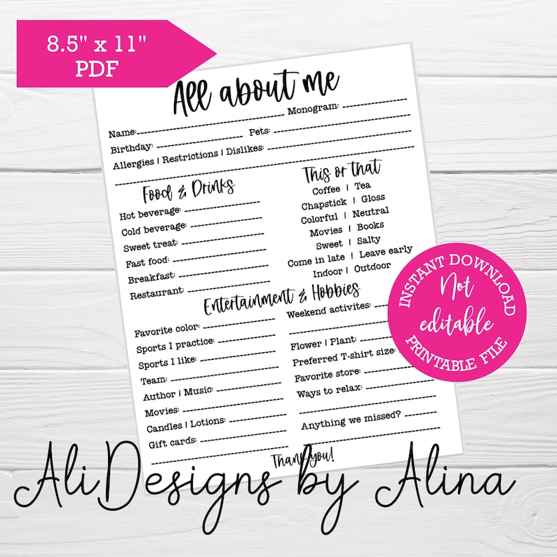 Teacher Questionnaire, 'all About Me' Printable Survey (digital ...
