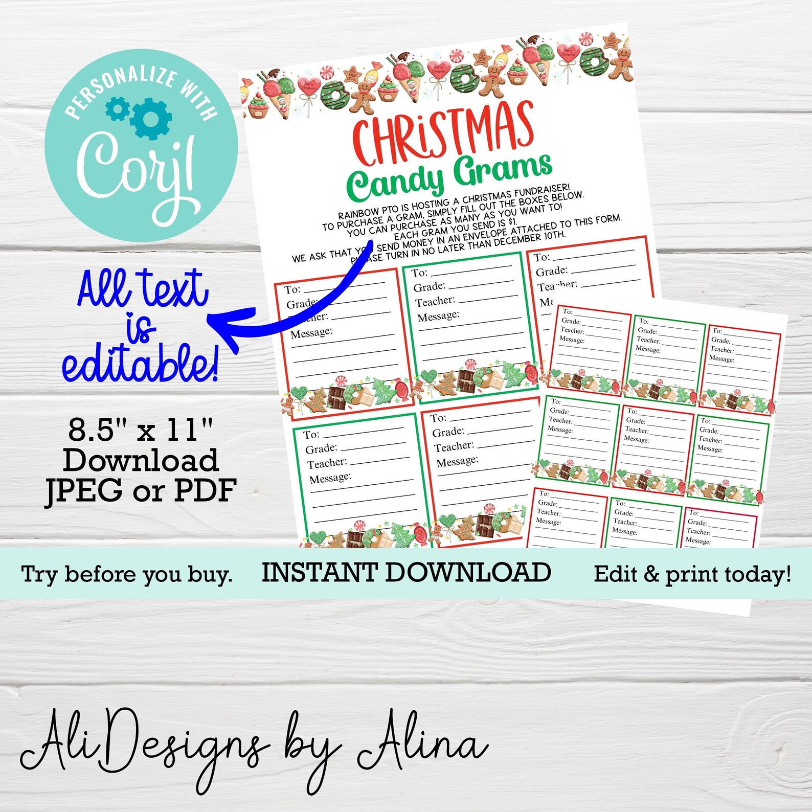 Christmas Candy Gram EDITABLE Template PTA PTO Christmas - Etsy