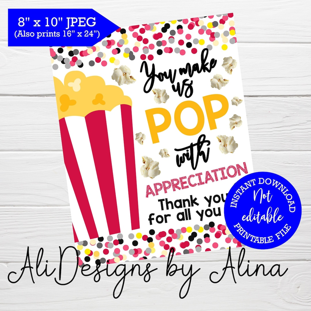 Popcorn Bar PRINTABLE Sign, Teacher Week, Nurse Appreciation, Thank You ...