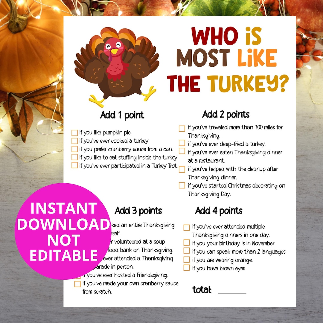 Thanksgiving Game Who is Most Like the Turkey, Friendsgiving Printable ...