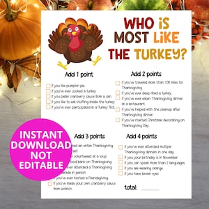 Thanksgiving Game Who is Most Like the Turkey, Friendsgiving Printable ...