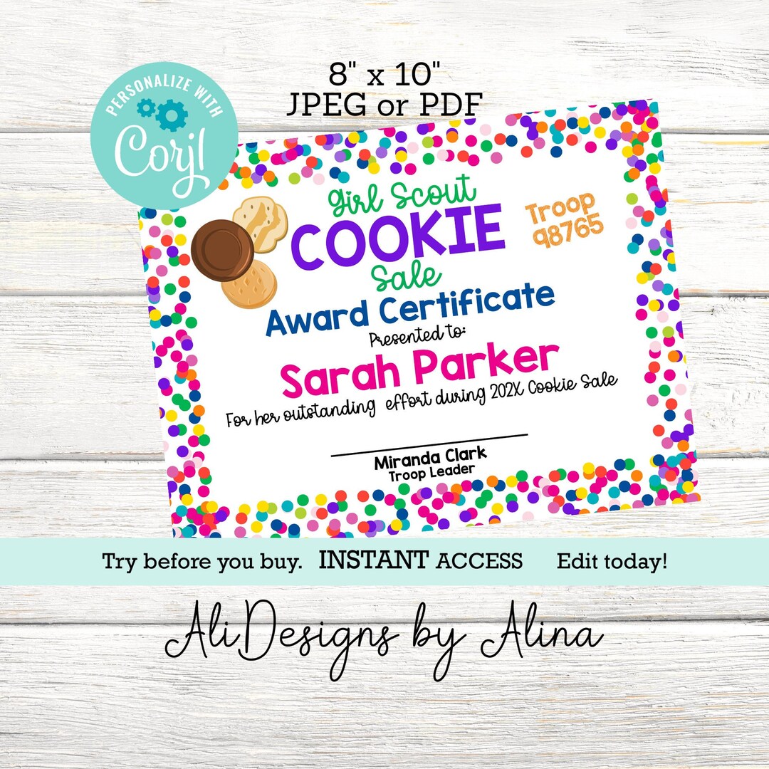 Girl Cookie Sale Award Certificate, Troop Leader Printable Girl Diploma ...