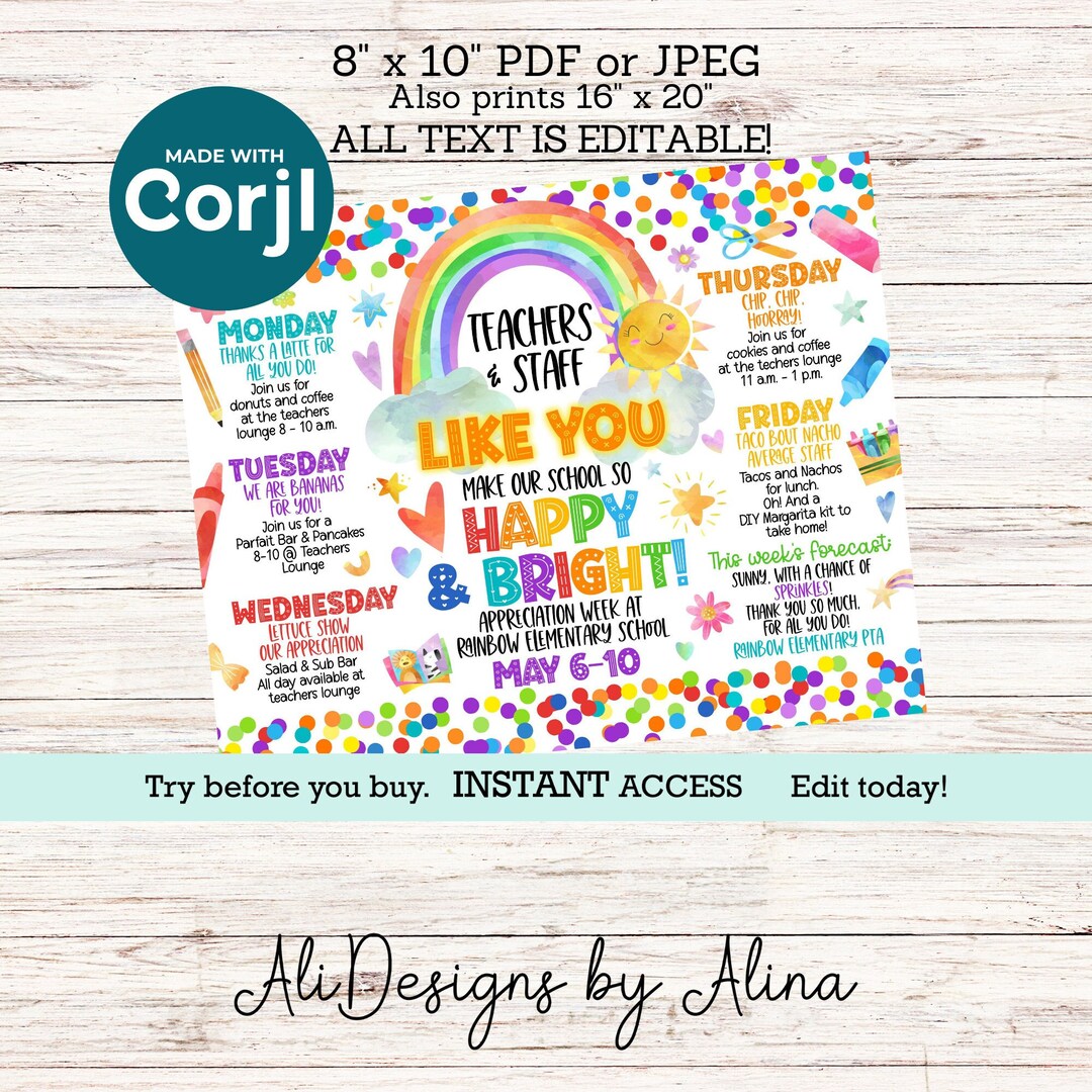 Teacher Staff Appreciation Week Planner, Happy and Bright, Rainbow ...