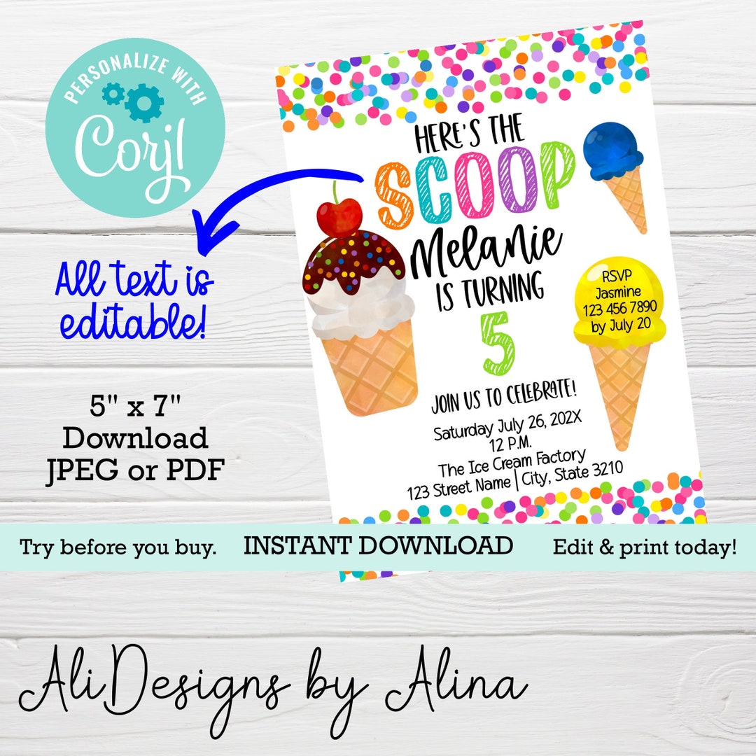 Here's the Scoop Invitation, Birthday Party, Ice Cream Social, EDITABLE ...