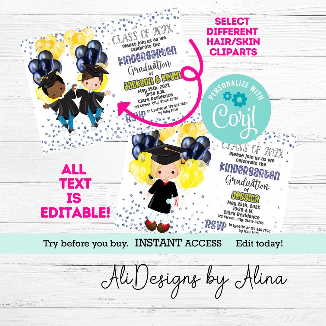 Blue Yellow Kids Graduation Invitation, Class of 2024, Preschool Grad ...