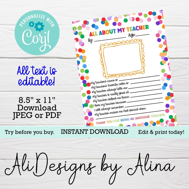 All About My Teacher EDITABLE Template Teacher Week Staff - Etsy