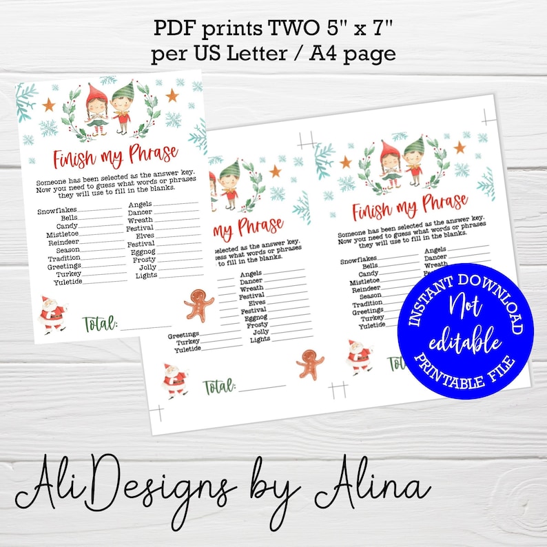 Finish My Phrase PRINTABLE Christmas Game INSTANT Download - Etsy