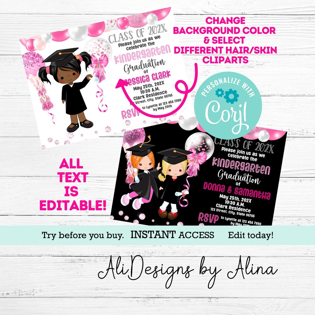 Girl Graduation Invitation, Class of 2024, Hot Pink Balloons, Preschool ...