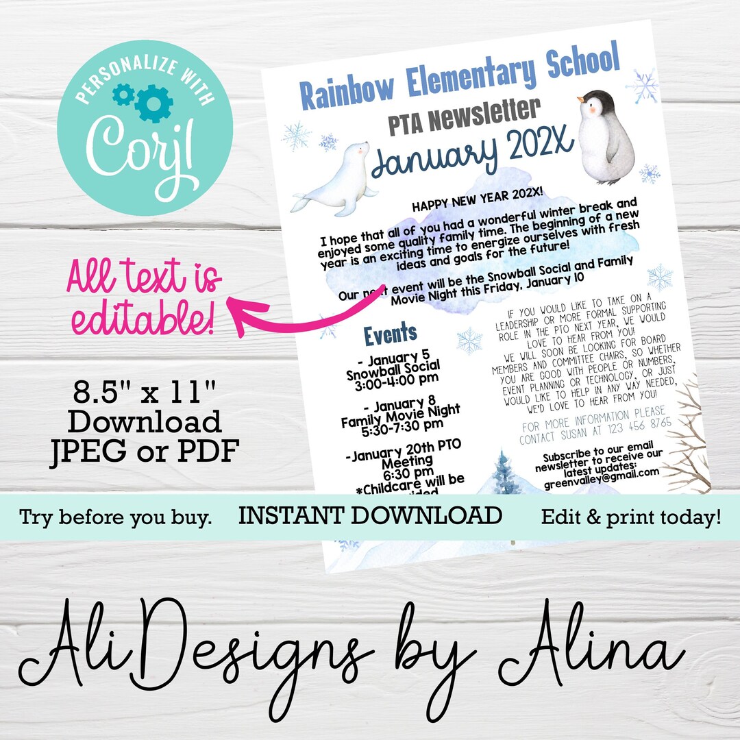 January PTA PTO Newsletter, EDITABLE Flyer, Calendar of Events, Winter ...