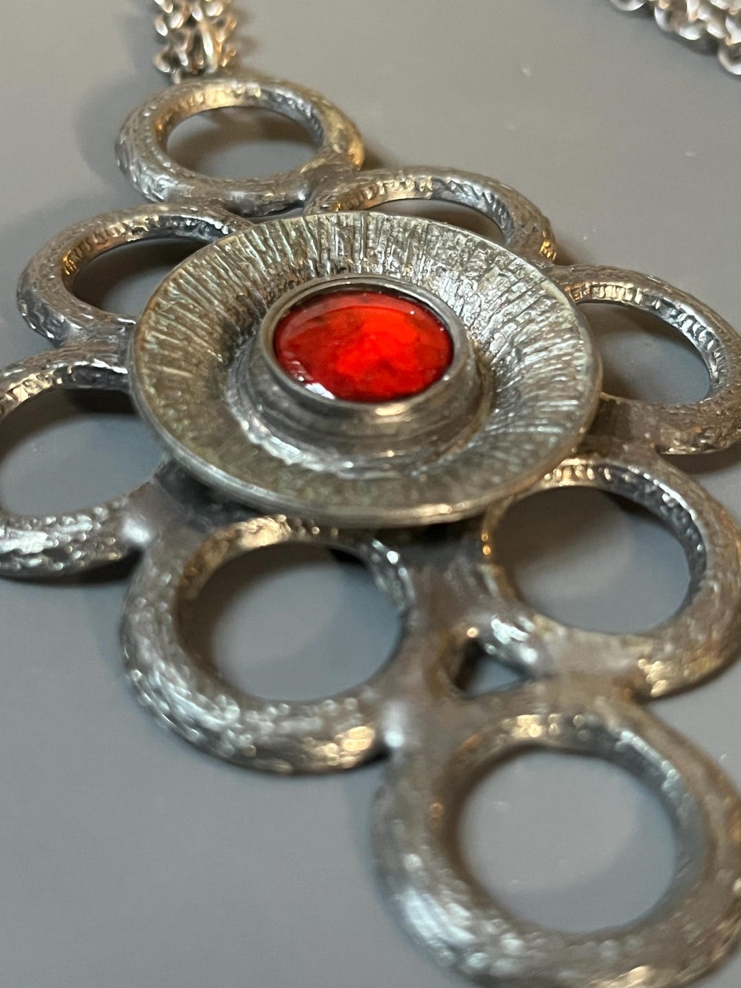 Vintage Brutalist Pewter Necklace: Asoe Kunsthåndværk Red Cabochon ...