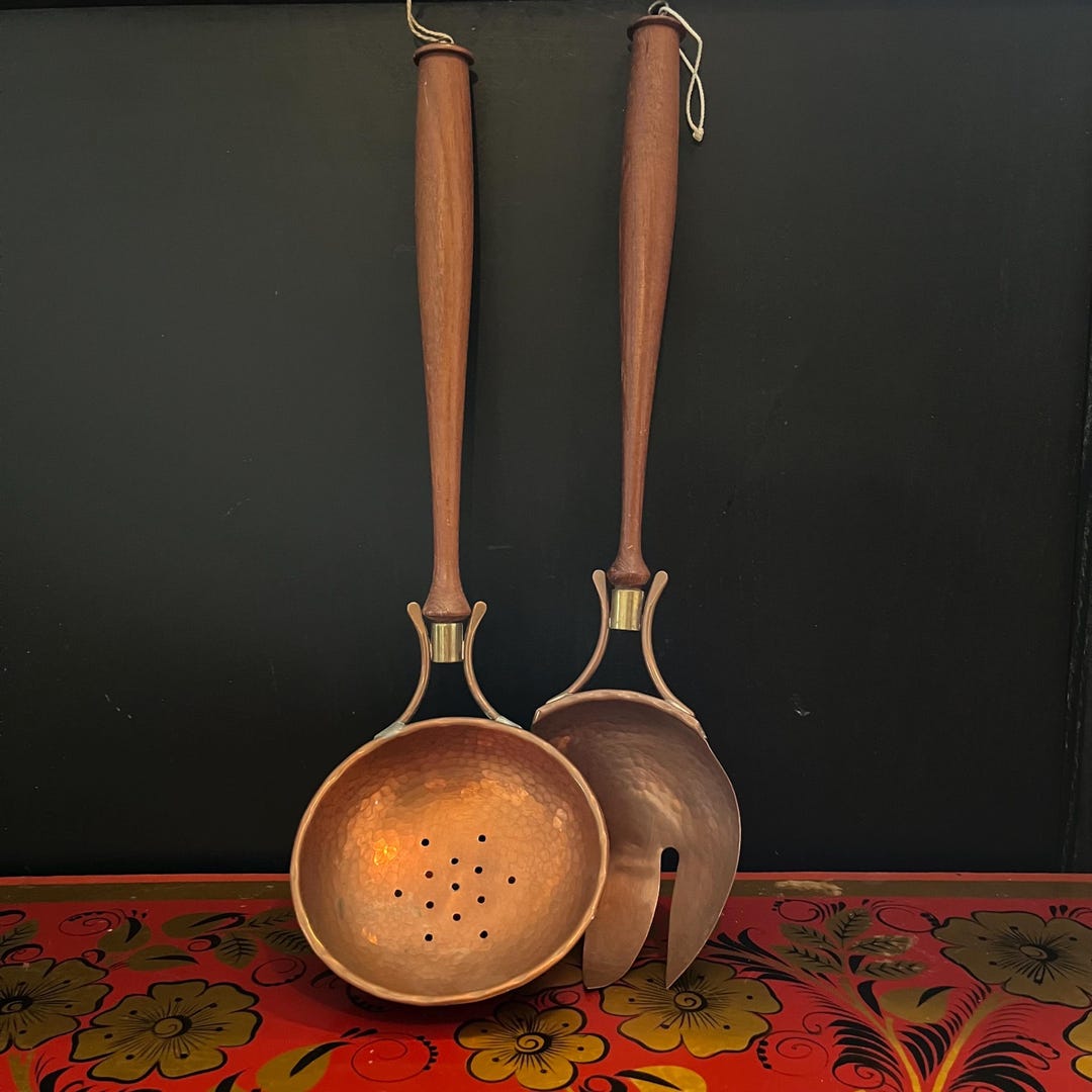 Vintage Hammered Copper Serving Fork & Slotted Ladle With Wooden ...
