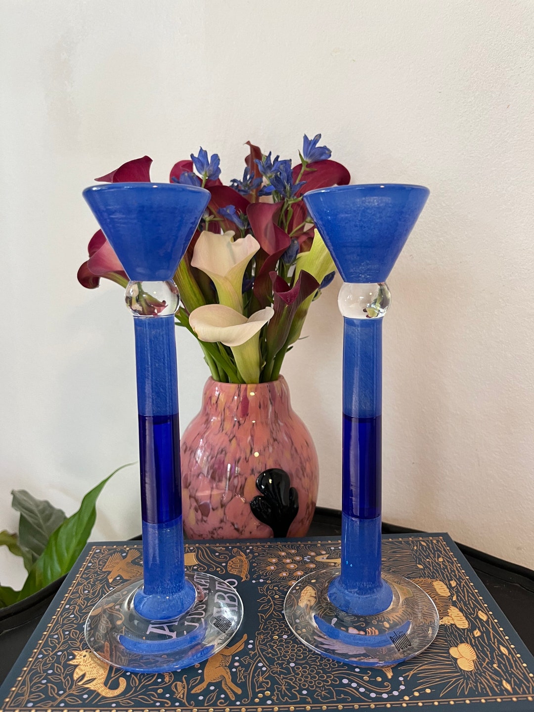 Beautiful Set of Two Blue Pernille Bulow Art Glass Candlestick Holders ...