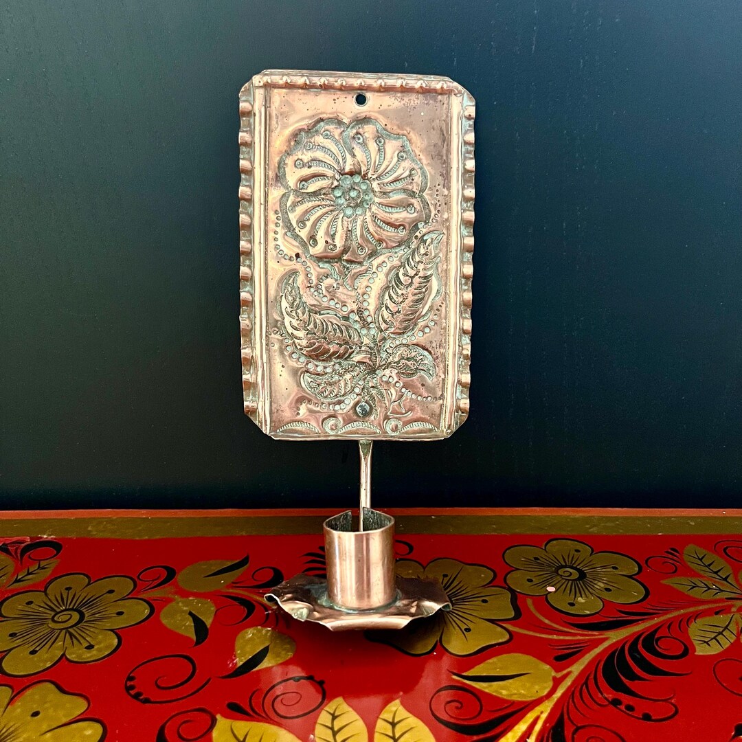 Antique Danish Copper Wall Candle Sconce | Handcrafted Repoussé Folk ...