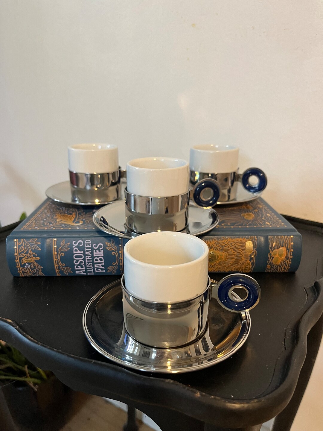 Set of Four Vintage WMF Stainless Steel and Porcelain Espresso Cups and ...