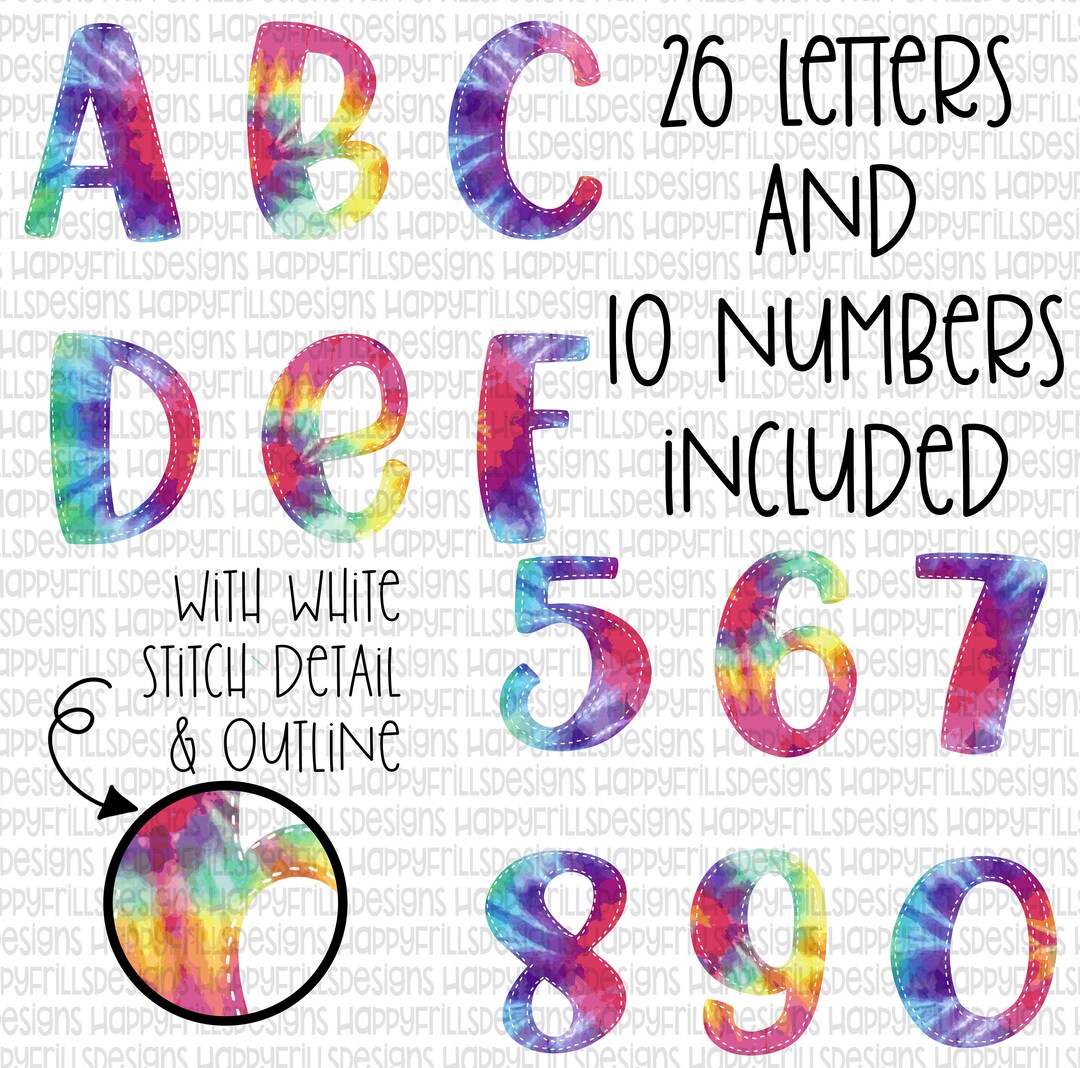 Tie Dye Alphabet Set, Uppercase Letters & Numbers Collage Sheet Design ...
