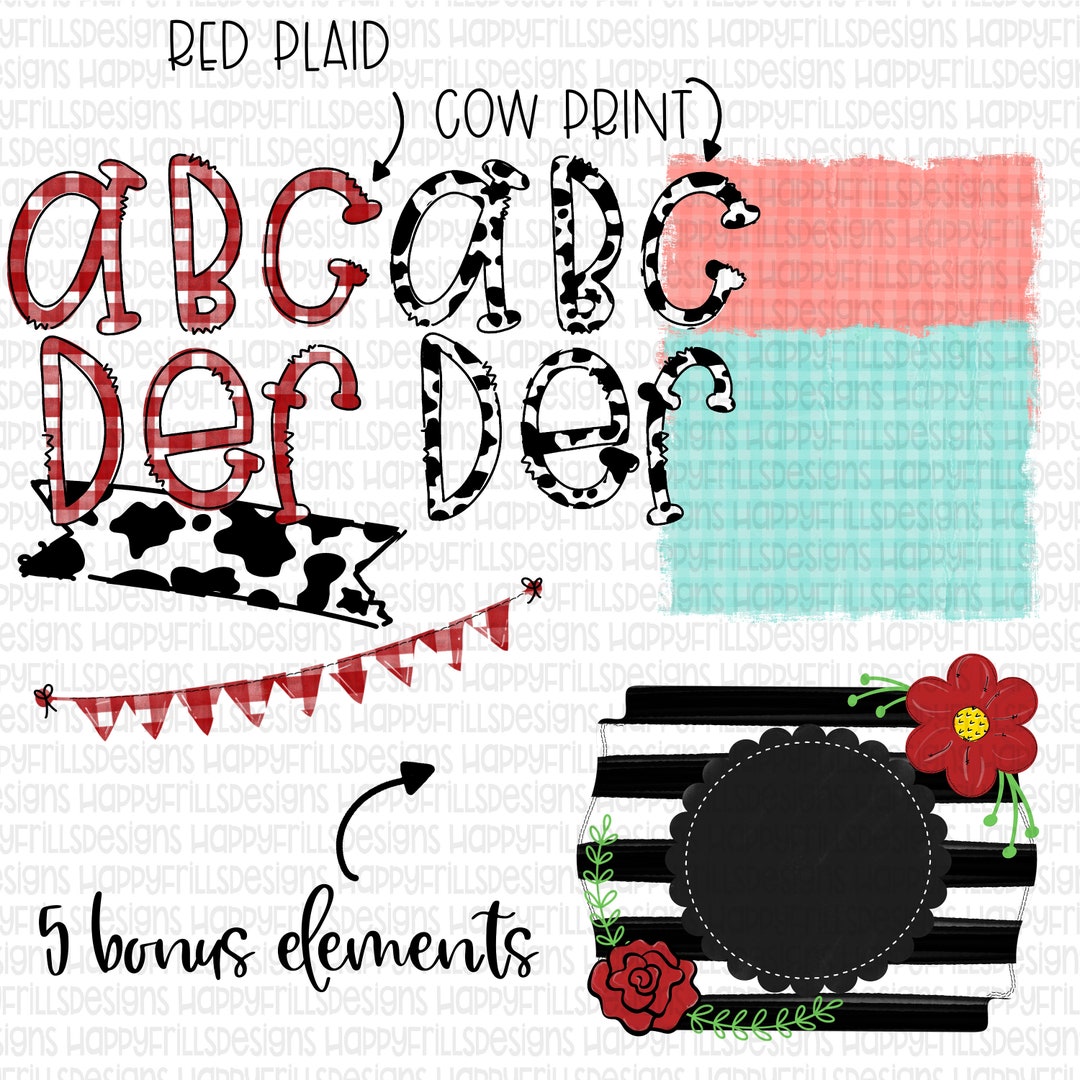 Cow Print/ Red Plaid Alphabet Set + Bonus Elements, Set of Letters ...