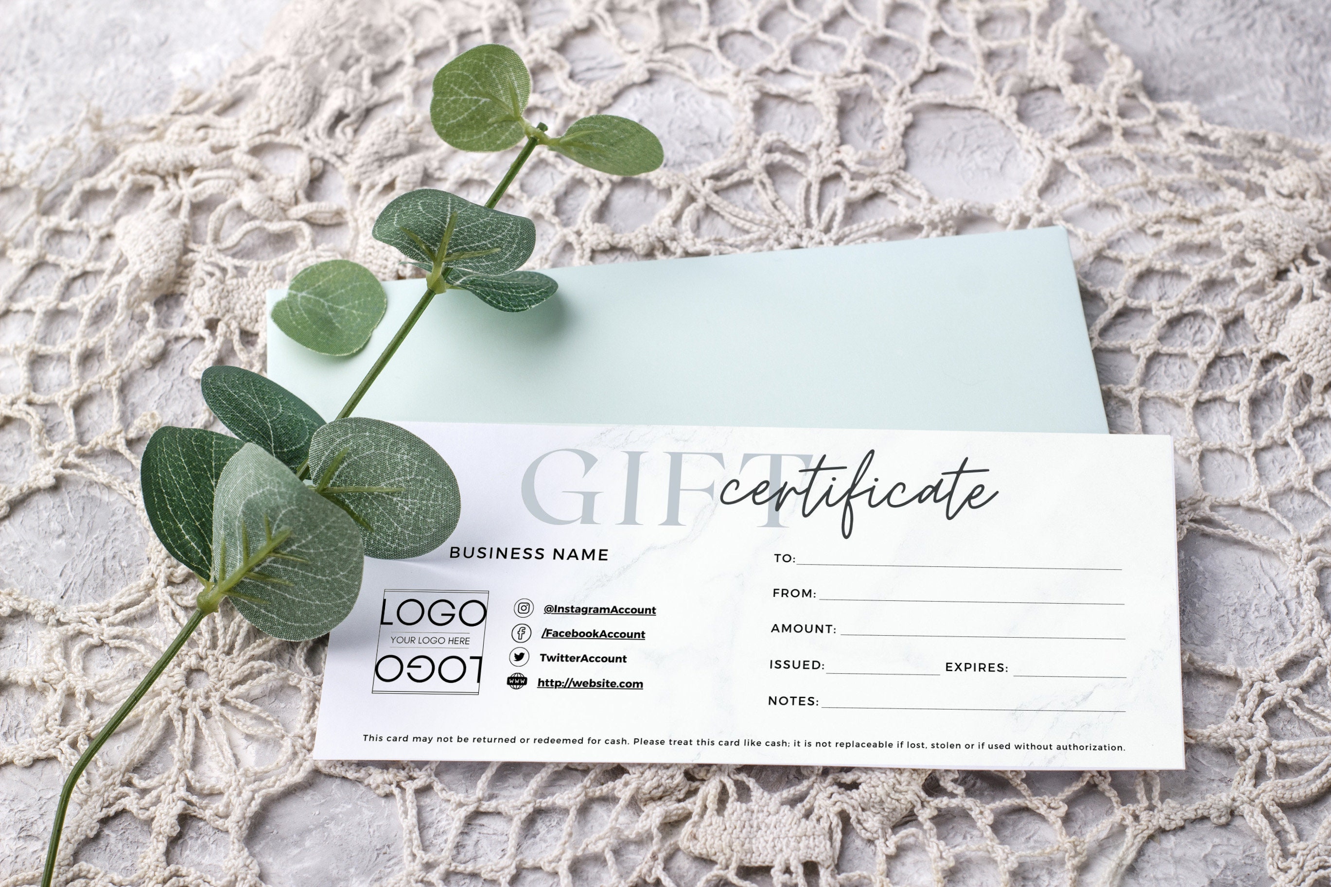 Gift Certificate 8.5x3" Printable Print at Home Business Gift Cert Card ...
