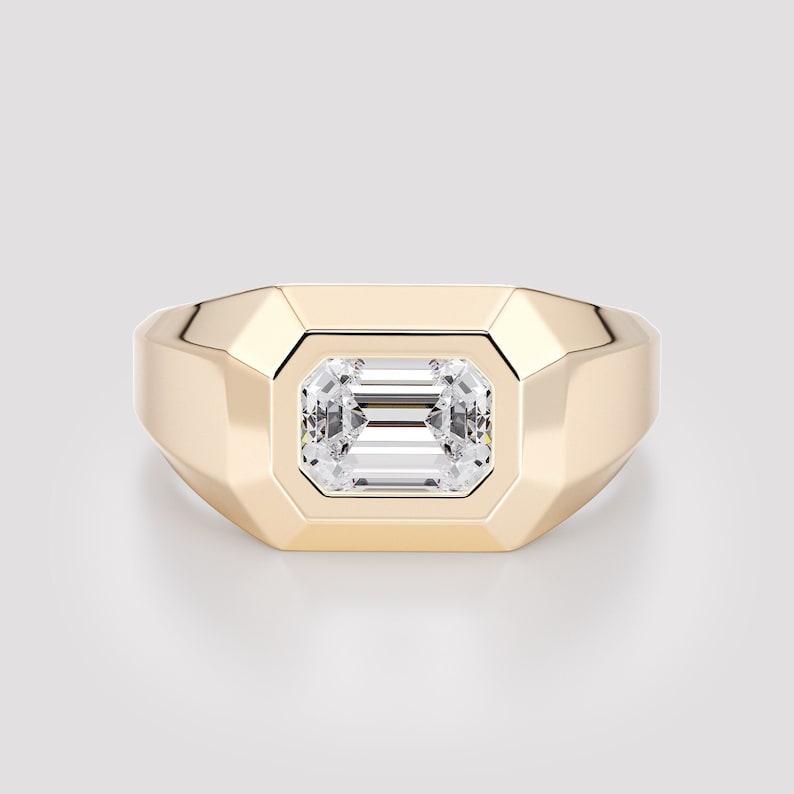 Men Diamond Signet / Pinky Ring 14K Solid Gold Geometric Faceted Ring ...