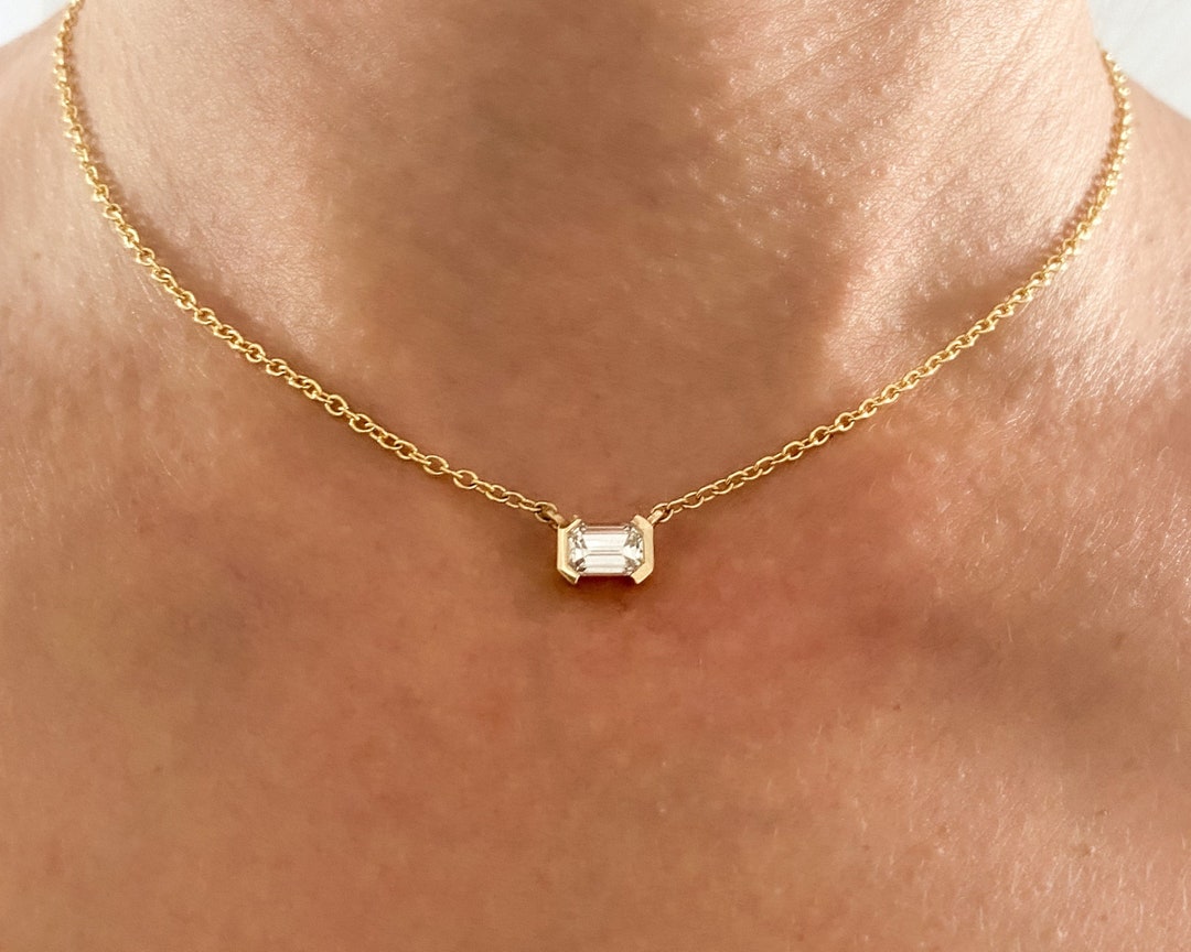 Minimalist Diamond Choker. Emerald Cut Diamond Choker 14K Solid Gold ...