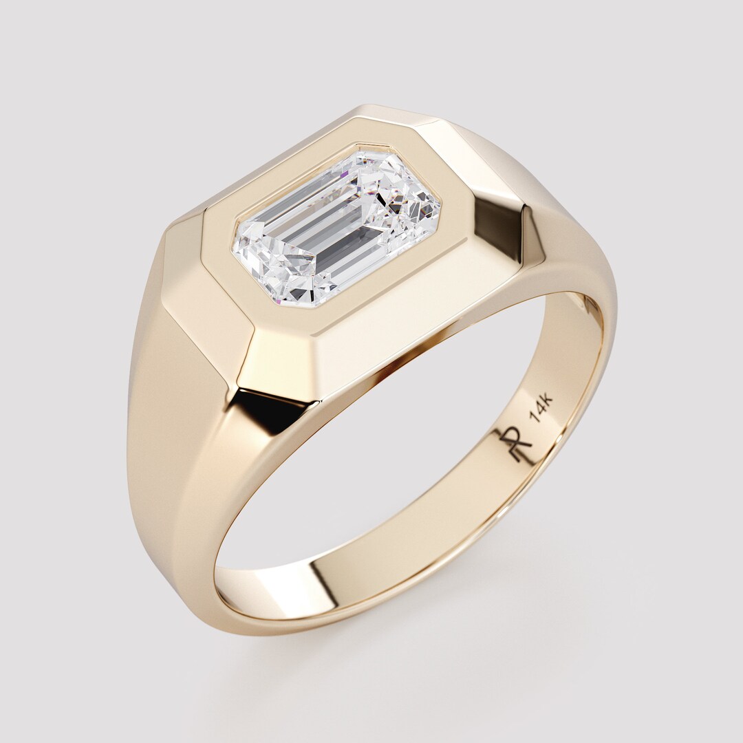 Gold Men’s Signet Ring With Emerald Cut Diamond | 14K Solid Gold Pinky ...