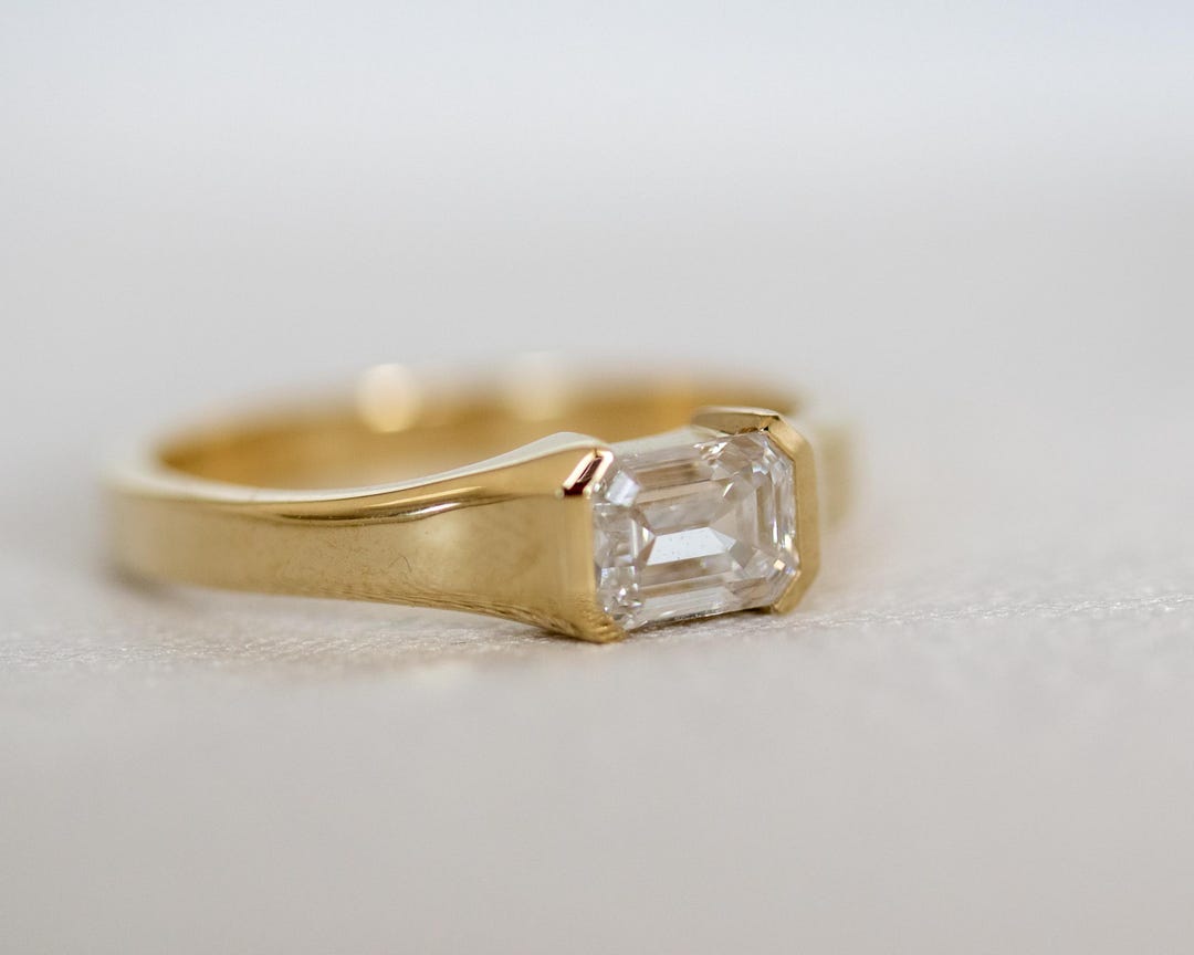 14K Gold Emerald Cut Diamond Ring: Half Bezel Setting, Lab or Natural ...