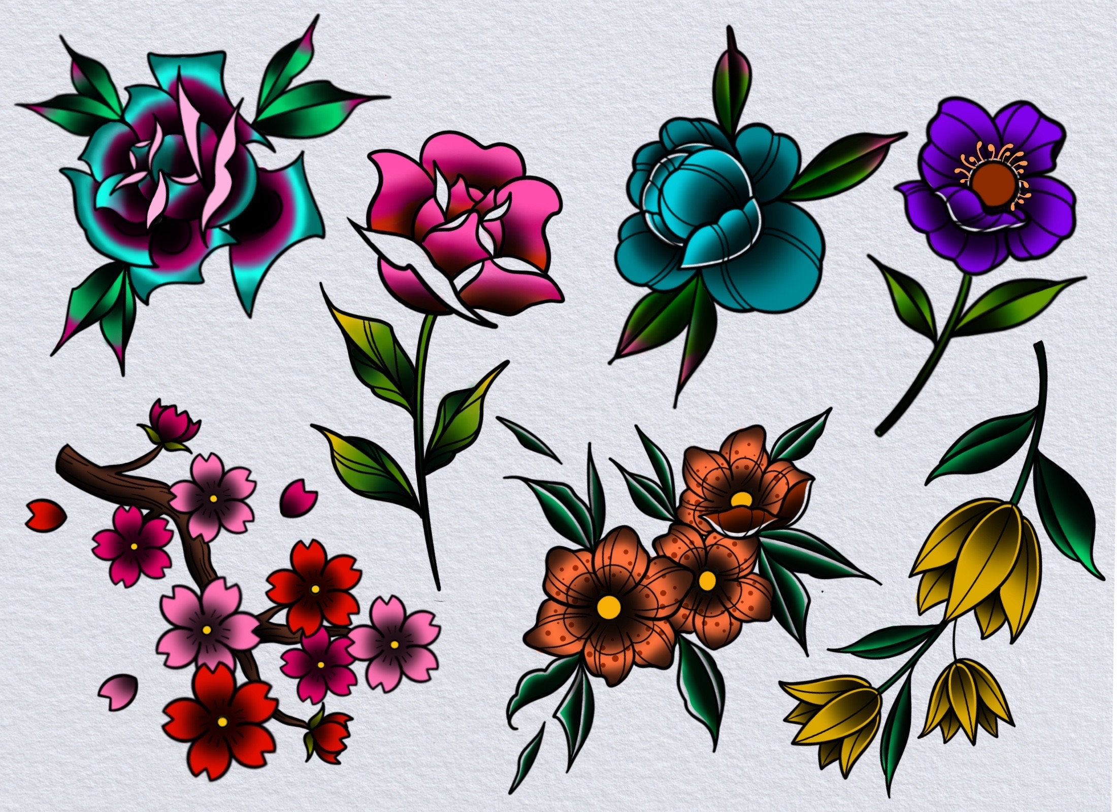 Neotraditional Flowers Tattoo Flash Print - Etsy