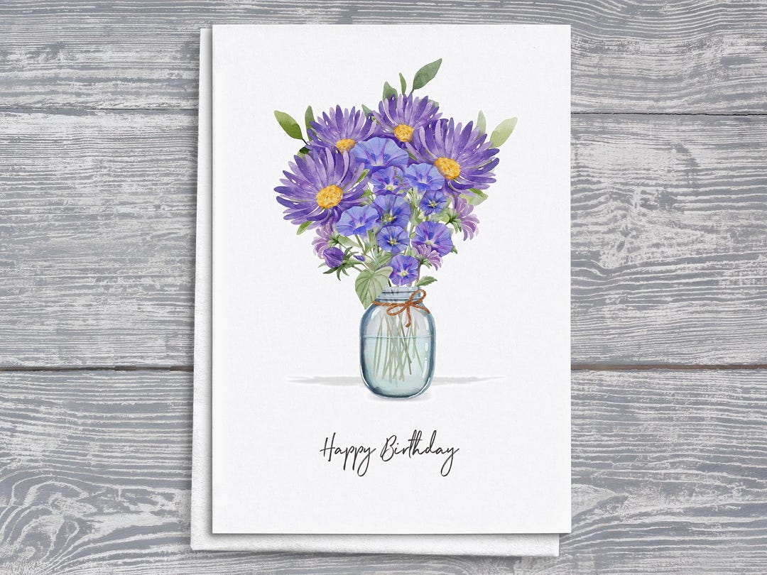 September Floral Birthday Card: Aster & Morning Glory A5 Greetings Card ...