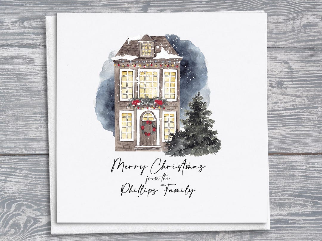 Personalized Watercolor Christmas House Card: Festive Holiday Greeting ...