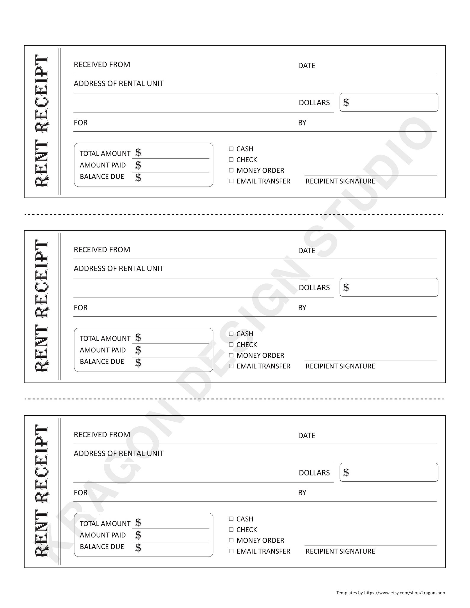 Fillable & Printable Rent Receipt PDF File Digital Download US Letter ...