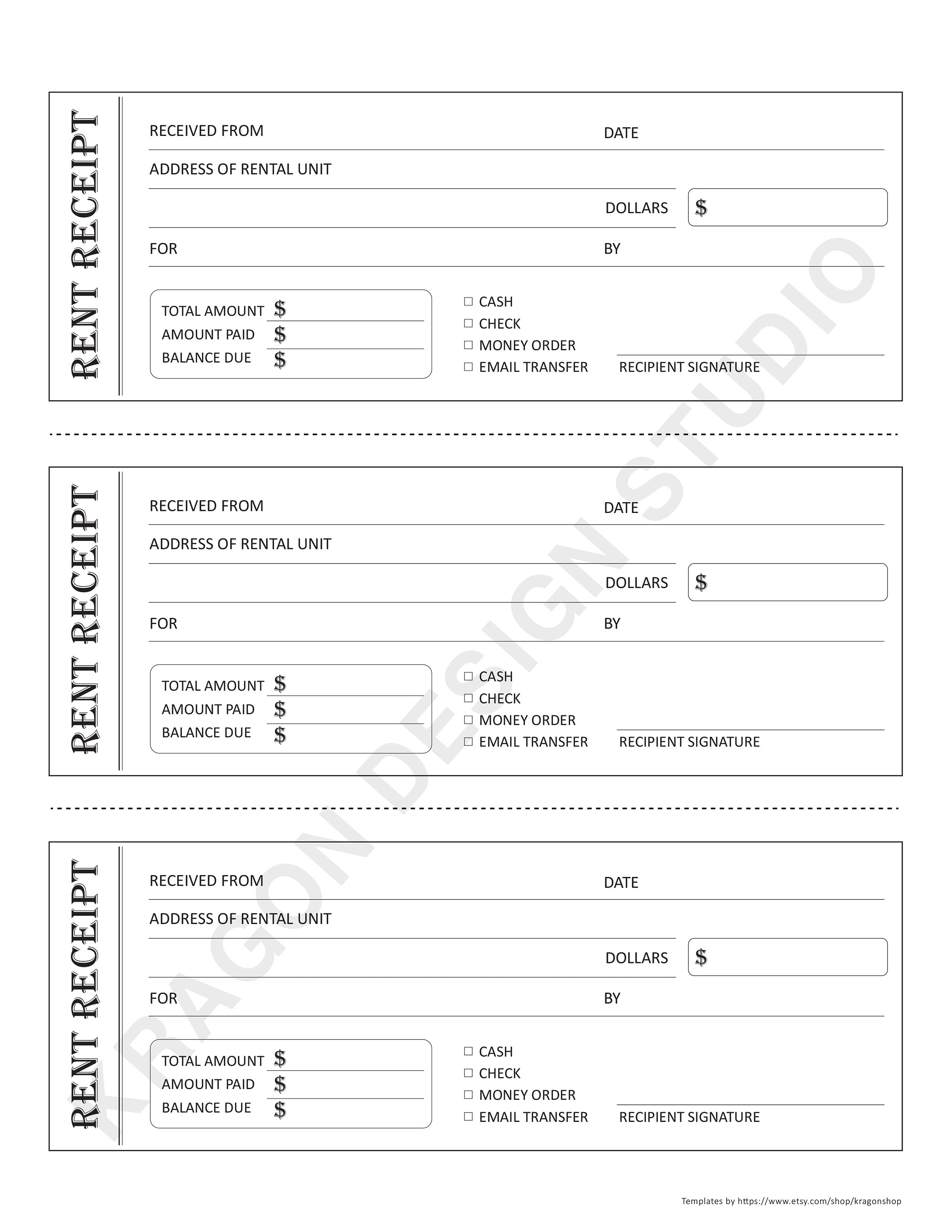 Fillable & Printable Rent Receipt PDF File Digital Download US Letter ...
