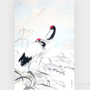 Japanese Cranes — Original Sumi-e Painting of Storks Couple, Ink on ...