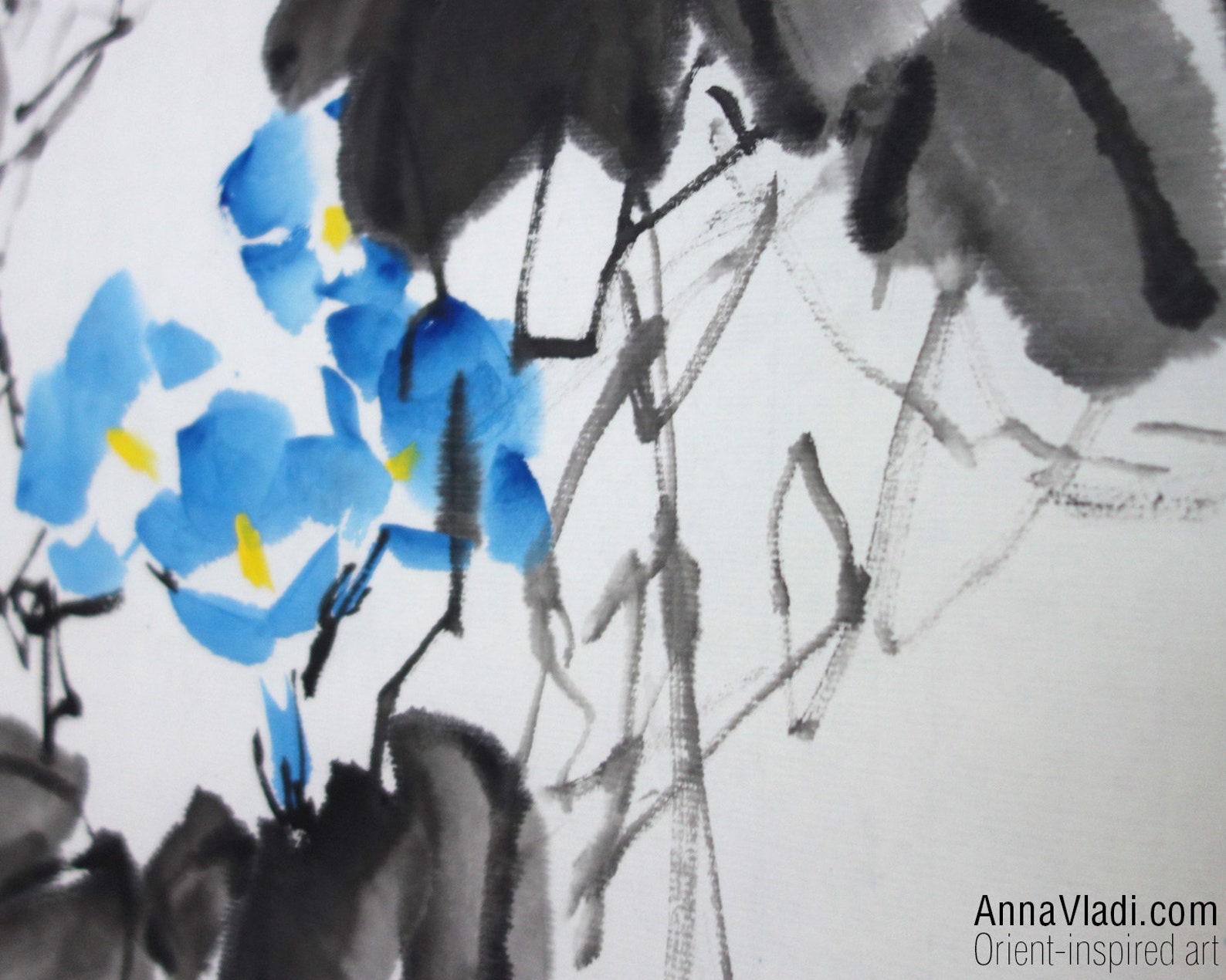 Blue Morning Glory Flowers (asagao) — Original Sumi-e Ink Painting on ...