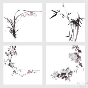 The Four Noble: Orchid Bamboo Chrysanthemum Plum Blossom — Set of 4 ...