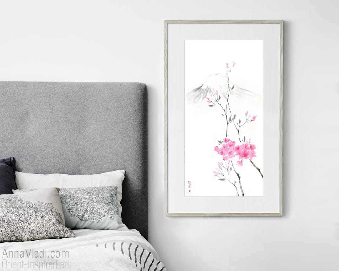 Spring Sakura and Mt Fuji — Original Sumi-e Painting of Japanese Cherry ...
