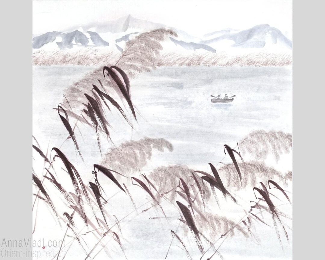 Lake and Hills Landscape — Original Sumi-e Painting, Japanese Ink on ...